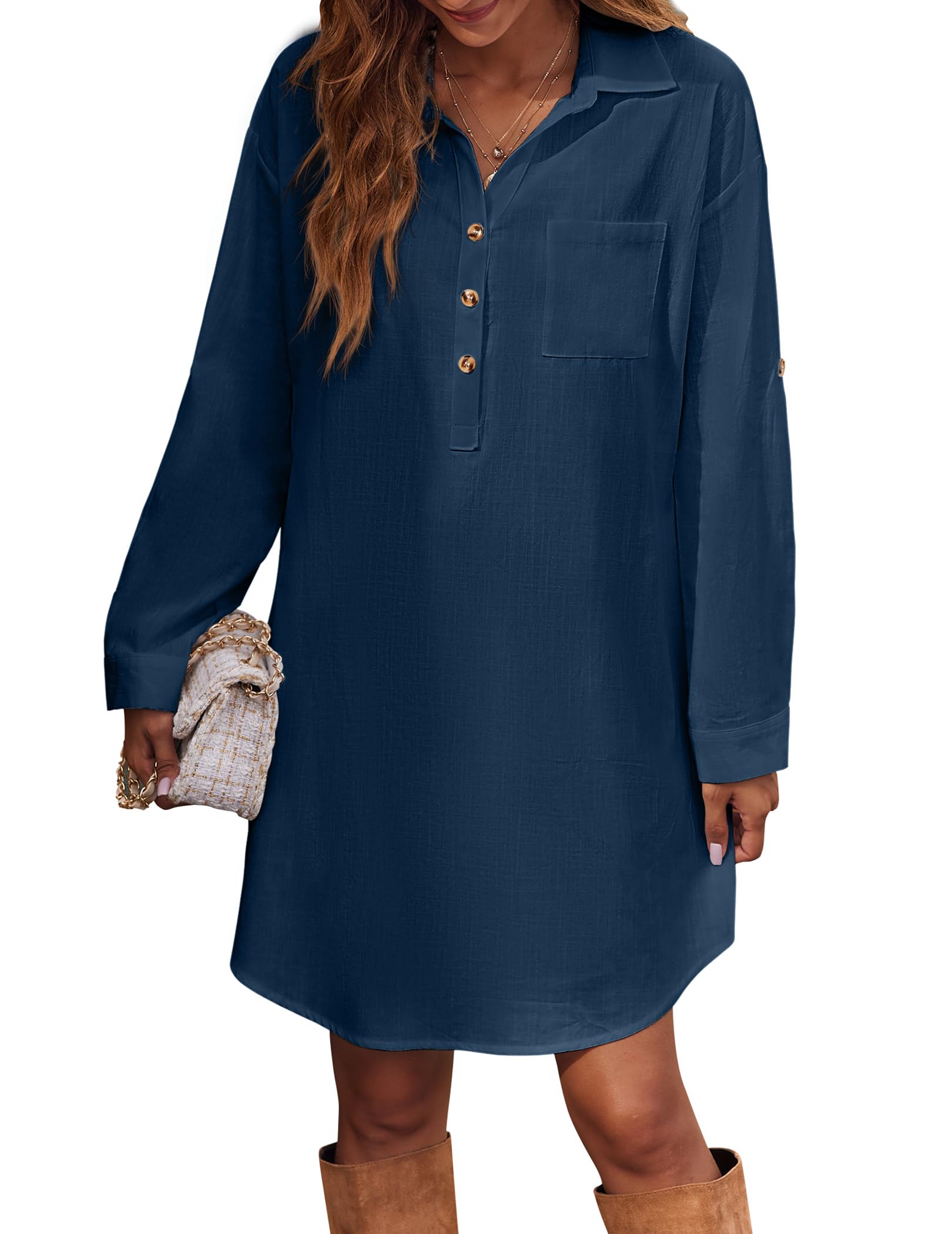 Zeagoo Long Sleeve Shirt Dress Summer Casual Cotton Dress Button Down Mini Dress,navy,XXL