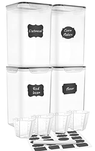 M MCIRCO Extra Large 7qt / 6.5L/220oz Tall Food Storage Containers, WIDE & DEEP, 4-Piece BPA Free Plastic Airtight Kitchen Pantry Storage Containers for Flour, Sugar, with 4 Measuring Cups,20 Labels