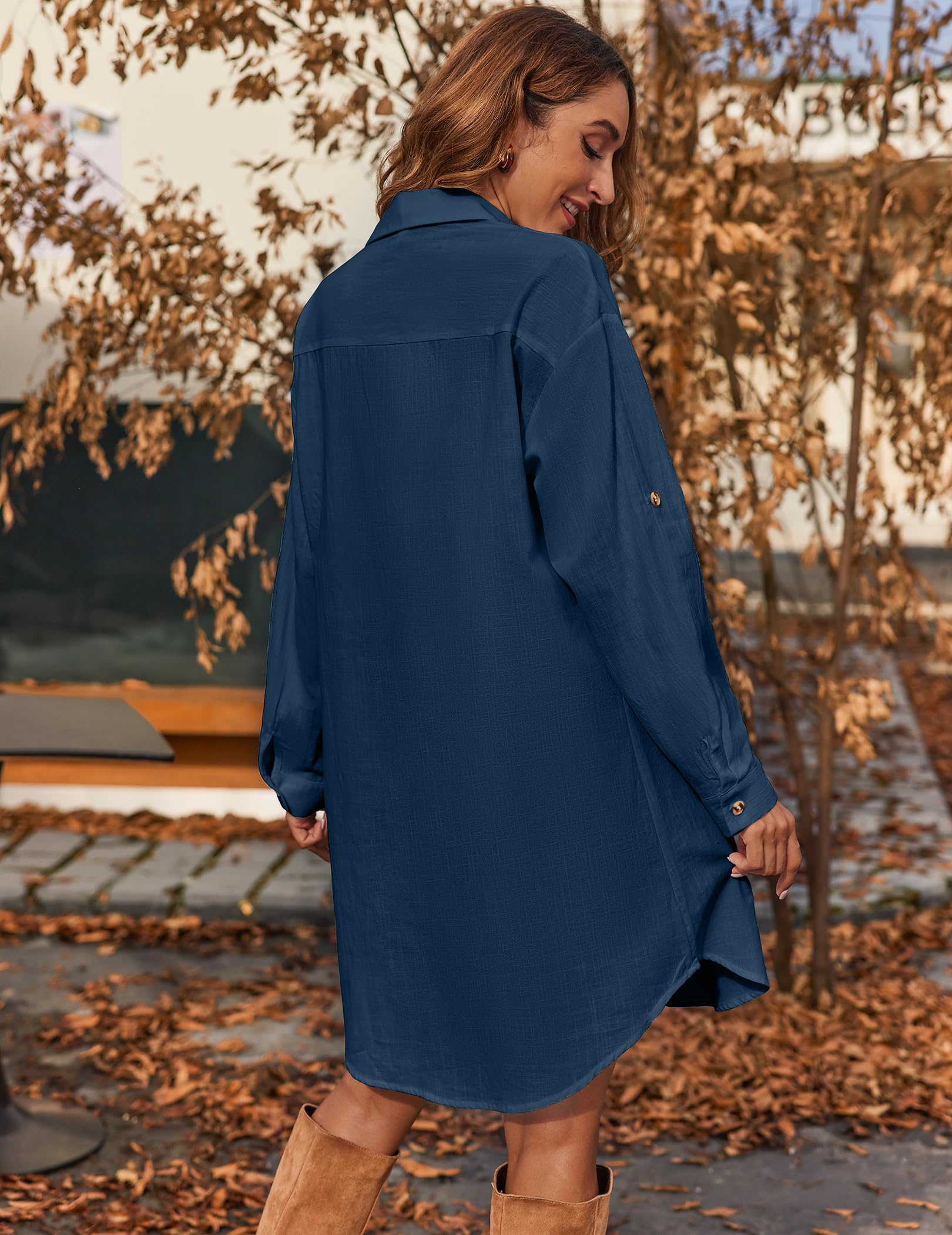Zeagoo Long Sleeve Shirt Dress Summer Casual Cotton Dress Button Down Mini Dress,navy,XXL