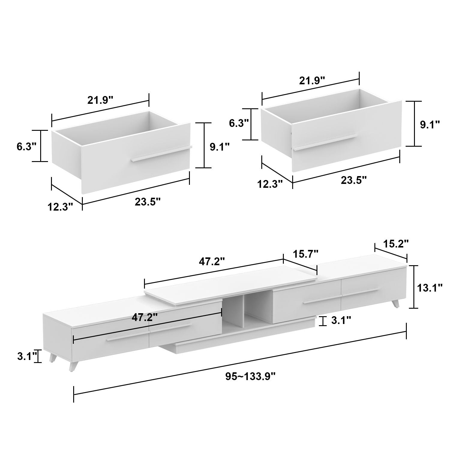 FAMAPY Modern TV Console Extendable Media Console, Adjustable Length, Contemporary Entertainment Center with Drawers and Legs, for Living Room White and Black (95”-133.9”W x 15.2”D x 13.1”H)