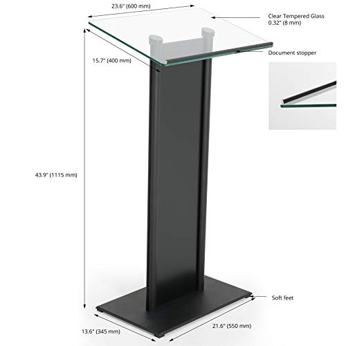 M&T Displays Tempered Clear Glass Podium with Aluminum Front Panel Black Aluminum Body and Base 43.9 Inch Height Floor Standing Lectern Pulpit Desk