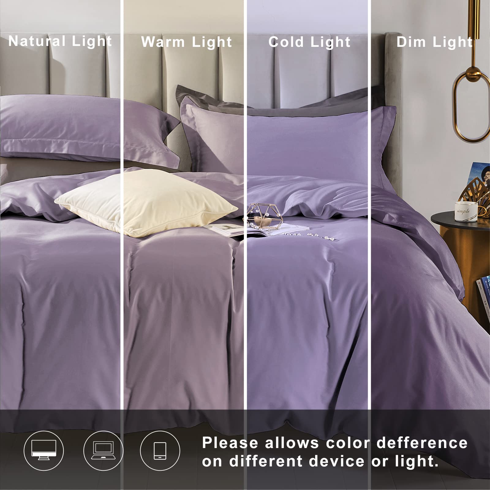 MILDLY 100% Long-Staple Cotton Duvet Cover Set Queen Size Purple Comforter Cover Sets Ultra Soft Bedding Set 3 PCS with Zipper Closure & Corner Tie (No Comforter)