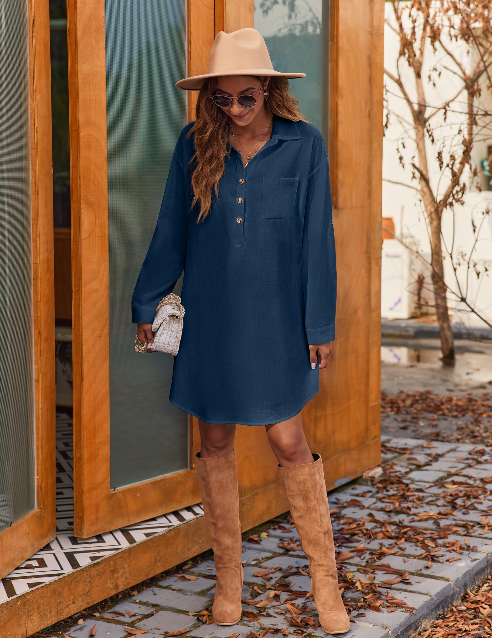 Zeagoo Long Sleeve Shirt Dress Summer Casual Cotton Dress Button Down Mini Dress,navy,XXL