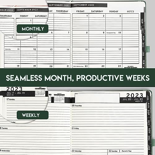HARDCOVER Daily Leather Planner Weekly Monthly - 8.5x11 - Ensight Academic Planner Business Personal or Student - Pen Holder, Bookmark, Notes Pages, Thick Paper, July 2023 - June 2024 (Green)