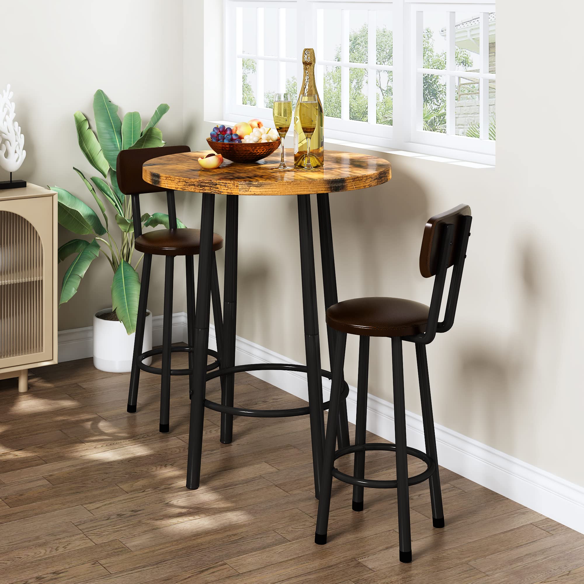 DKLGG 3-Piece Dining Wooden Table and Pu Cushion Chair Sets for Small Space Living Room/Kitchen, 23", Rustic Brown