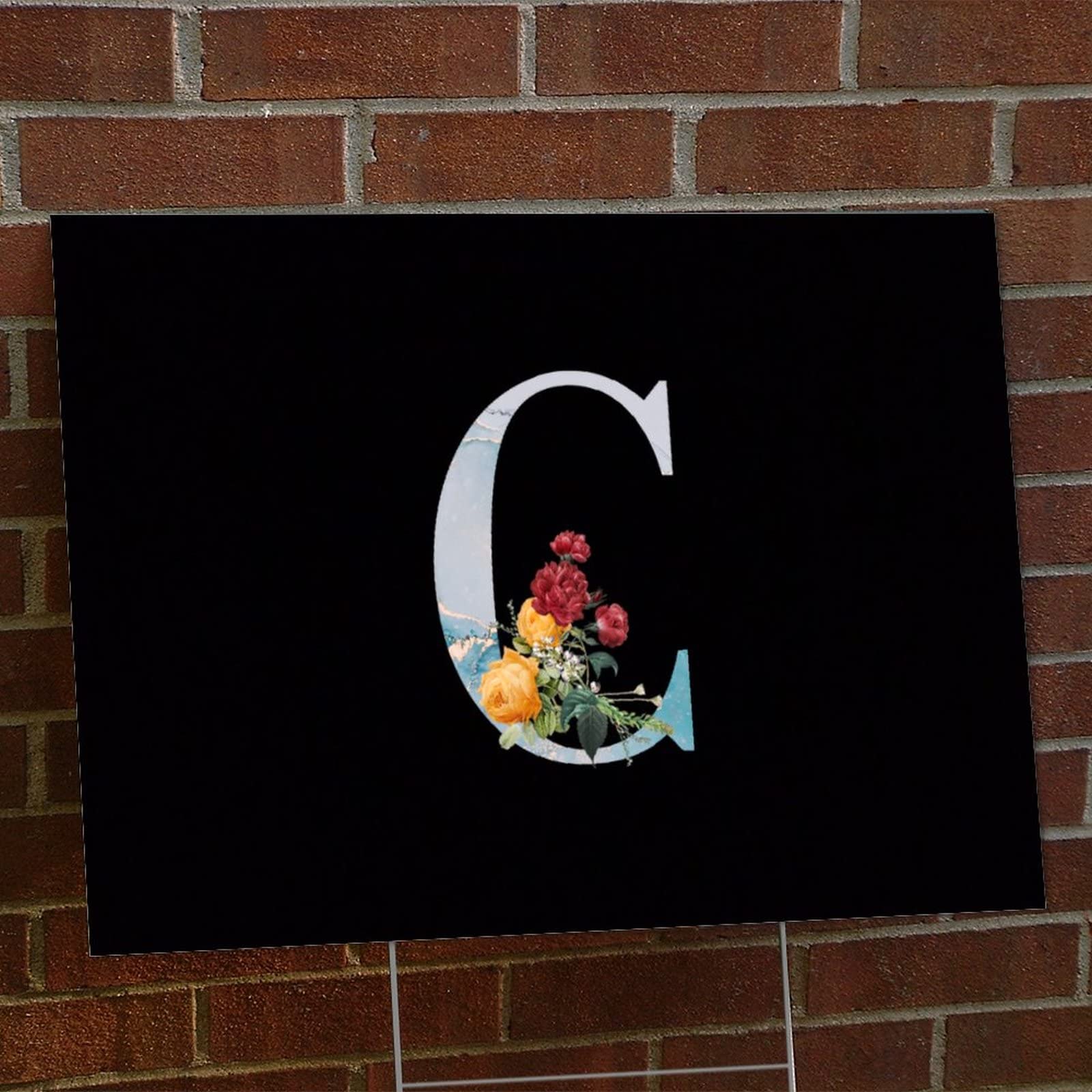 Floral Monogram Letter C Blue Ink Lettering Lawn Yard Signs Alphabet Letter Corrugated Sign for Garage Sales Rent Open House Construction 12"x18"