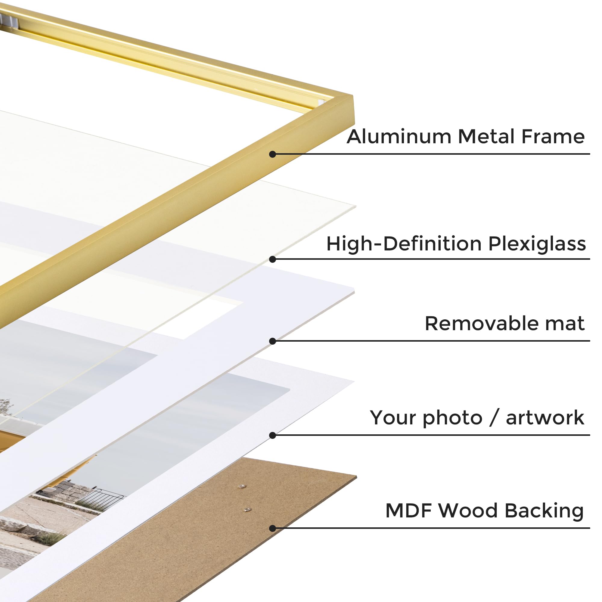 Fun Memories 11x14 Metal Picture Frame- 11x14 Aluminum Photo Frames with 8x10 Mat, High-Definition Plexiglass Front, and Hanging Hardware - Ideal for Wall or Tabletop Display (Gold, Pack of 1)