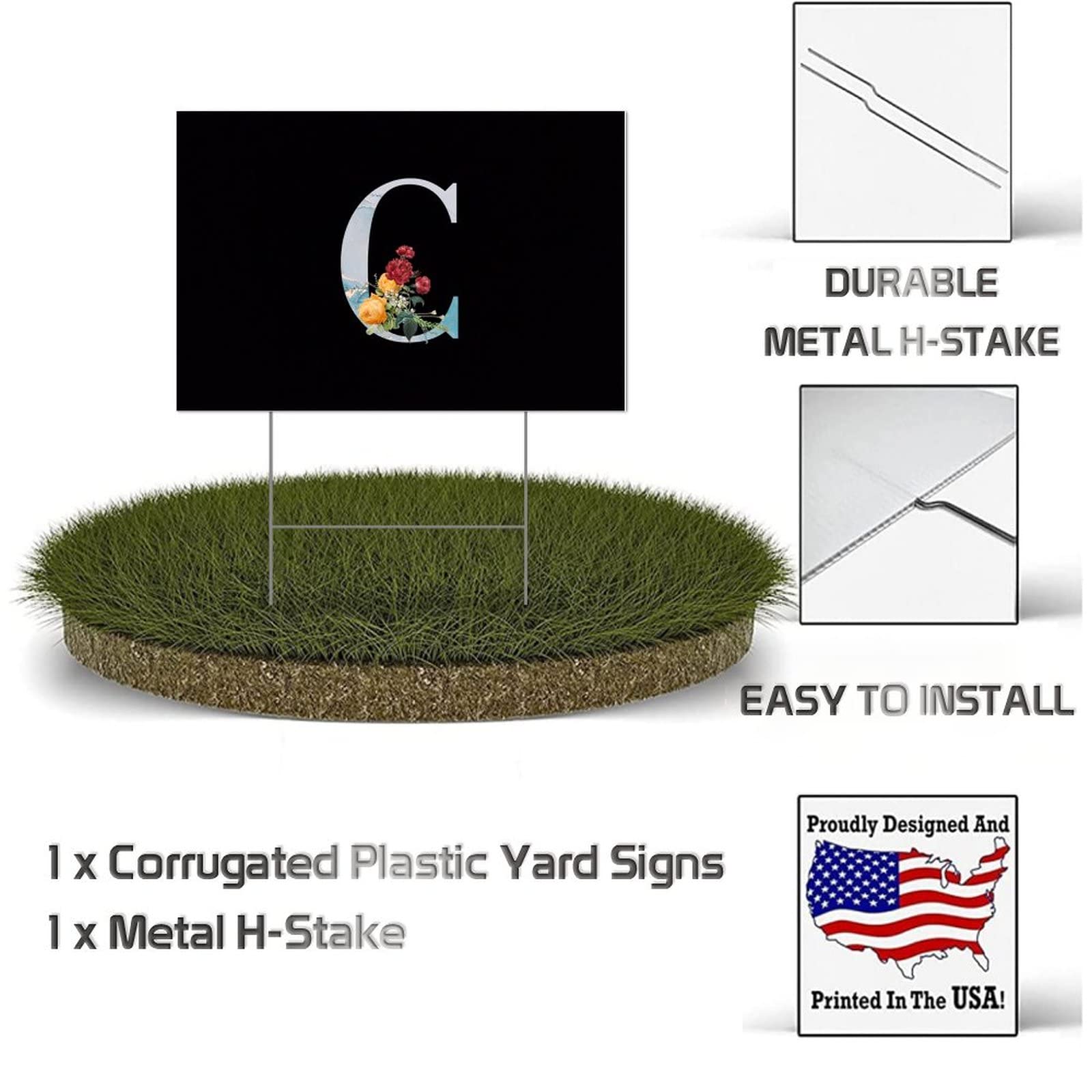Floral Monogram Letter C Blue Ink Lettering Lawn Yard Signs Alphabet Letter Corrugated Sign for Garage Sales Rent Open House Construction 12"x18"