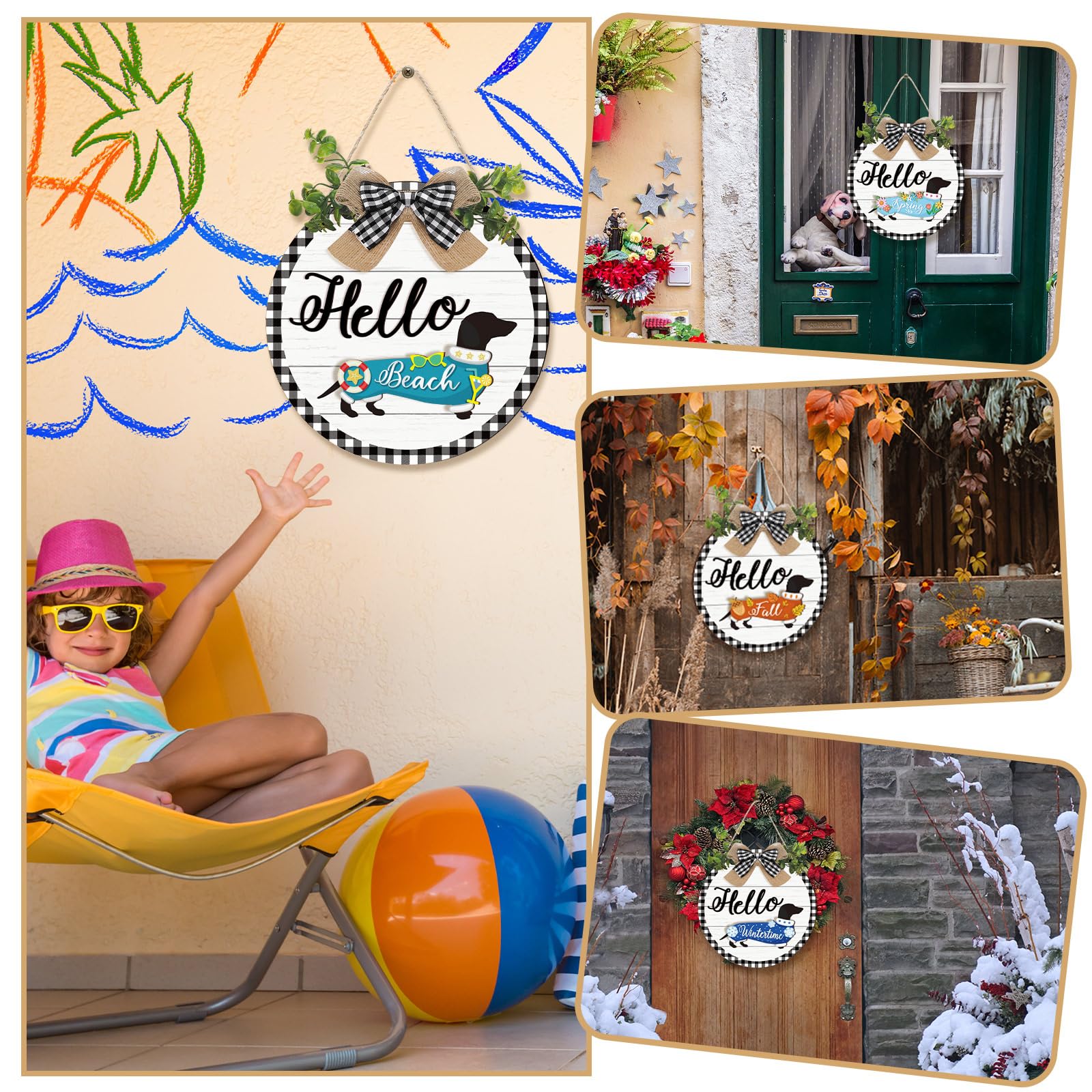 Glenmal 16 Pcs Seasonal Interchangeable Dachshund Door Decor Cute Replaceable Easter Welcome Sign Seasonal Farmhouse Front Door Signs Wood Home Sign(White with Plaid Frame)
