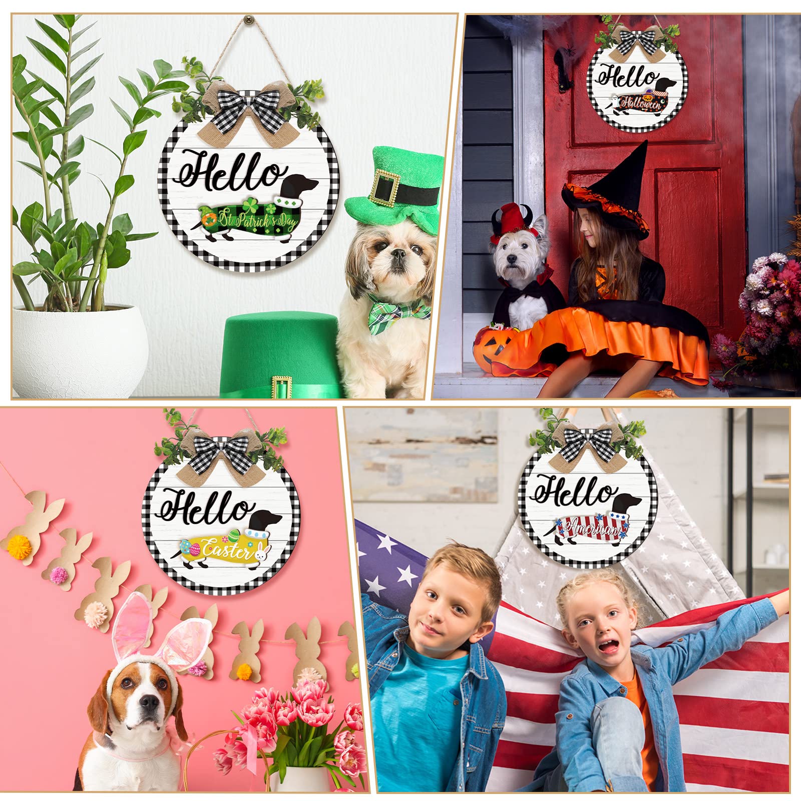 Glenmal 16 Pcs Seasonal Interchangeable Dachshund Door Decor Cute Replaceable Easter Welcome Sign Seasonal Farmhouse Front Door Signs Wood Home Sign(White with Plaid Frame)