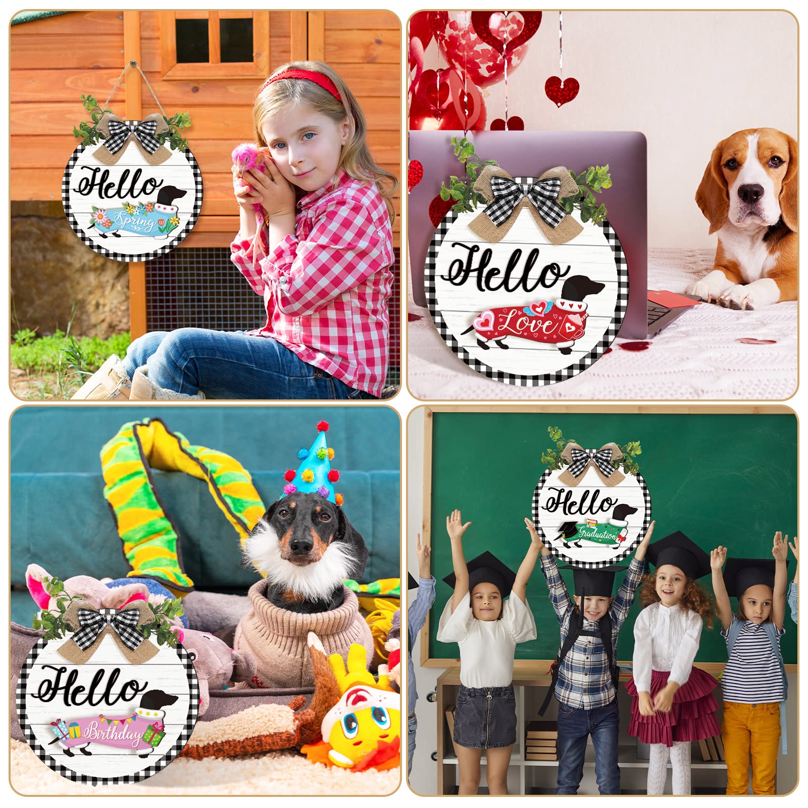 Glenmal 16 Pcs Seasonal Interchangeable Dachshund Door Decor Cute Replaceable Easter Welcome Sign Seasonal Farmhouse Front Door Signs Wood Home Sign(White with Plaid Frame)