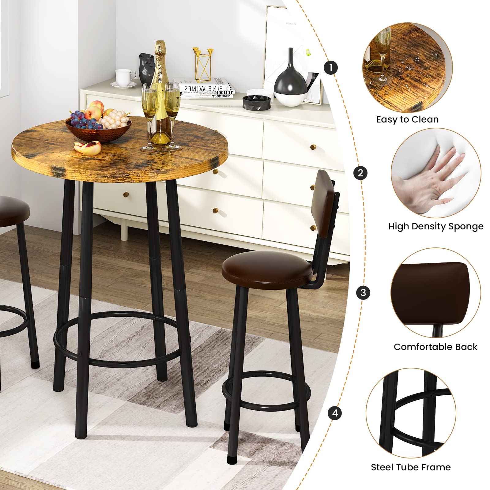 DKLGG 3-Piece Dining Wooden Table and Pu Cushion Chair Sets for Small Space Living Room/Kitchen, 23", Rustic Brown