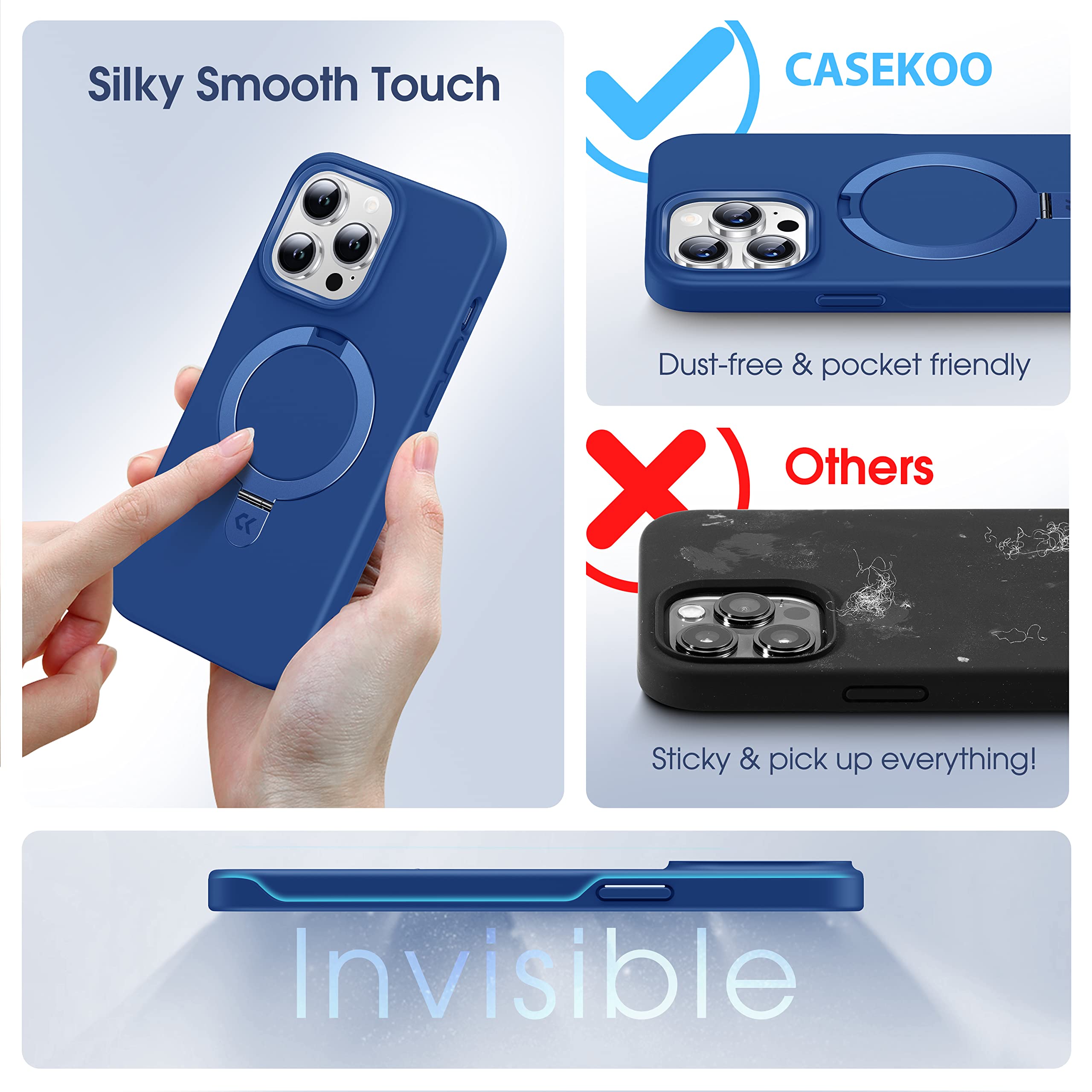 CASEKOO for iPhone 14 Pro Max Case with Invisible Stand [Compatible with MagSafe] [Dust-Free Antistatic Silicone] Protective Non-Slip Phone Cover Cases for Women Men 6.7 inch, Blue