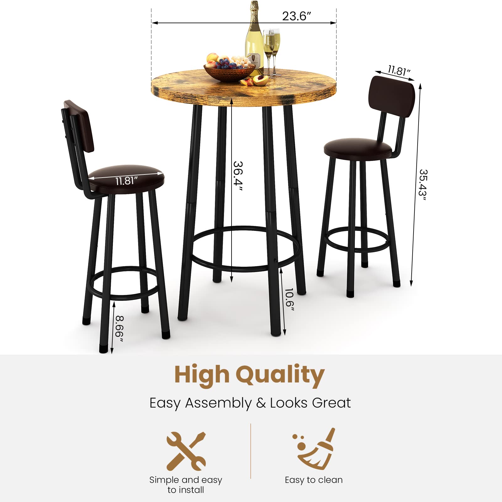 DKLGG 3-Piece Dining Wooden Table and Pu Cushion Chair Sets for Small Space Living Room/Kitchen, 23", Rustic Brown