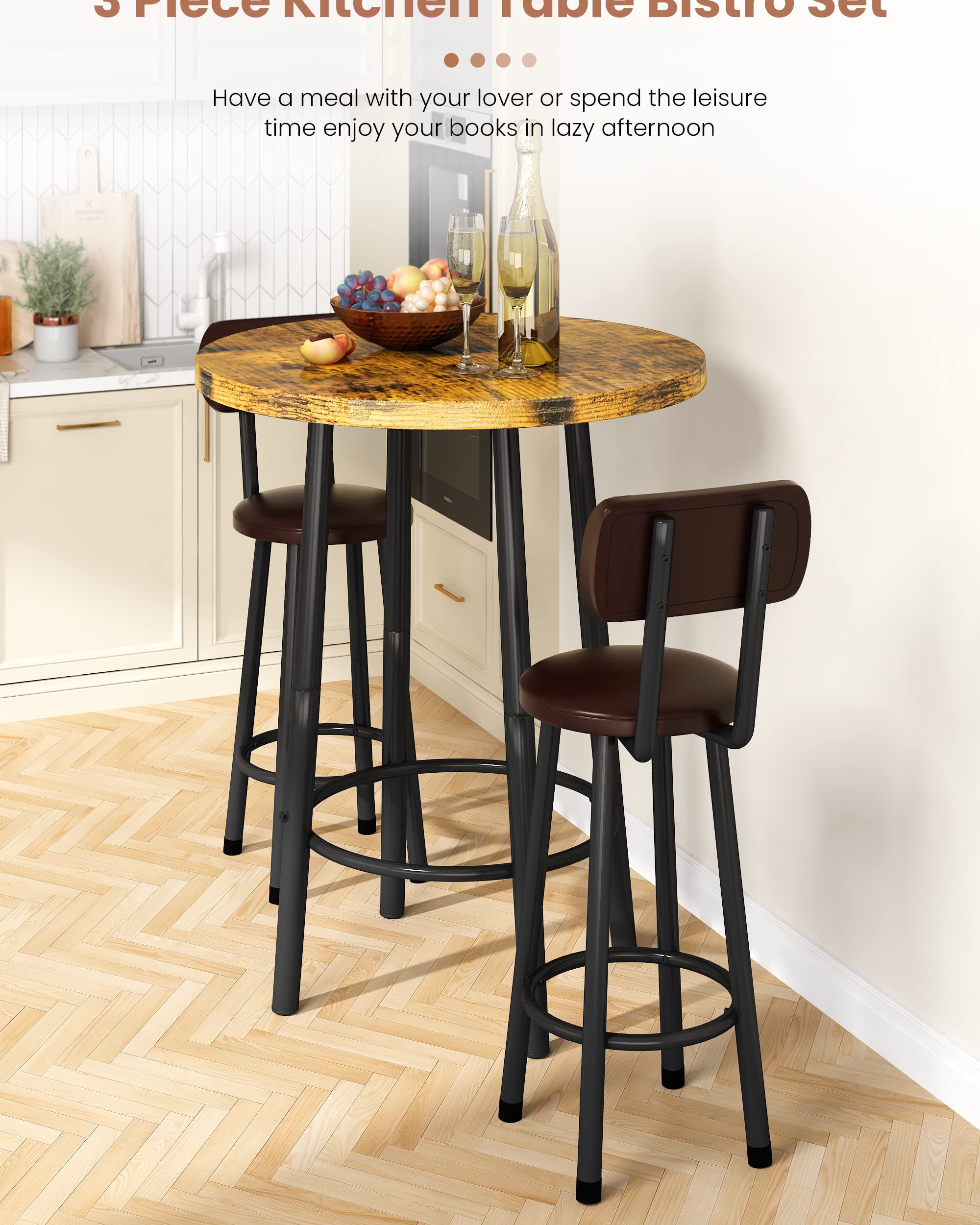 DKLGG 3-Piece Dining Wooden Table and Pu Cushion Chair Sets for Small Space Living Room/Kitchen, 23", Rustic Brown