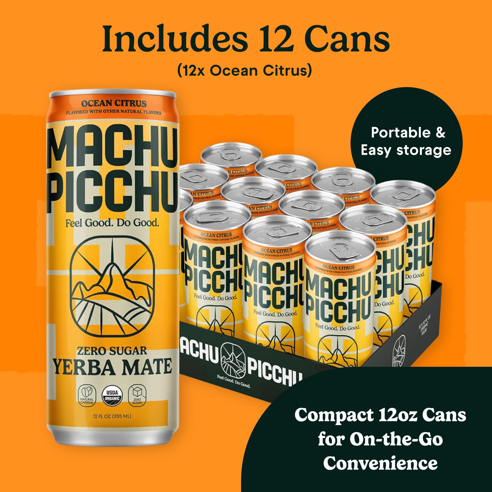 MACHU PICCHU ENERGY, Zero Sugar Yerba Mate, Clean Energy Drink Alternative, 12oz (Pack of 12) - 120mg Organic Green Coffee Bean Caffeine, Low Calorie, USDA Organic, No Artificial Flavors (Ocean Citrus)