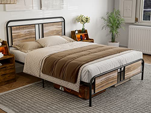 IKIFLY Metal Queen Size Platform Bed Frame with Industrial Wood Headboard/Footboard, Strong Metal Slats, Easy Assembly, Noise-Free, No Box Spring Needed - Wood Brown