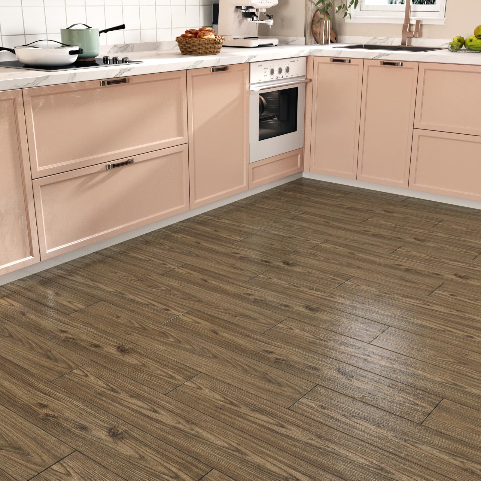 Skyblur Brown Peel and Stick Wooden Floor Tiles for Kitchen Backsplash - Waterproof, Self-Adhesive, 35x6 Inch, 4 Pcs