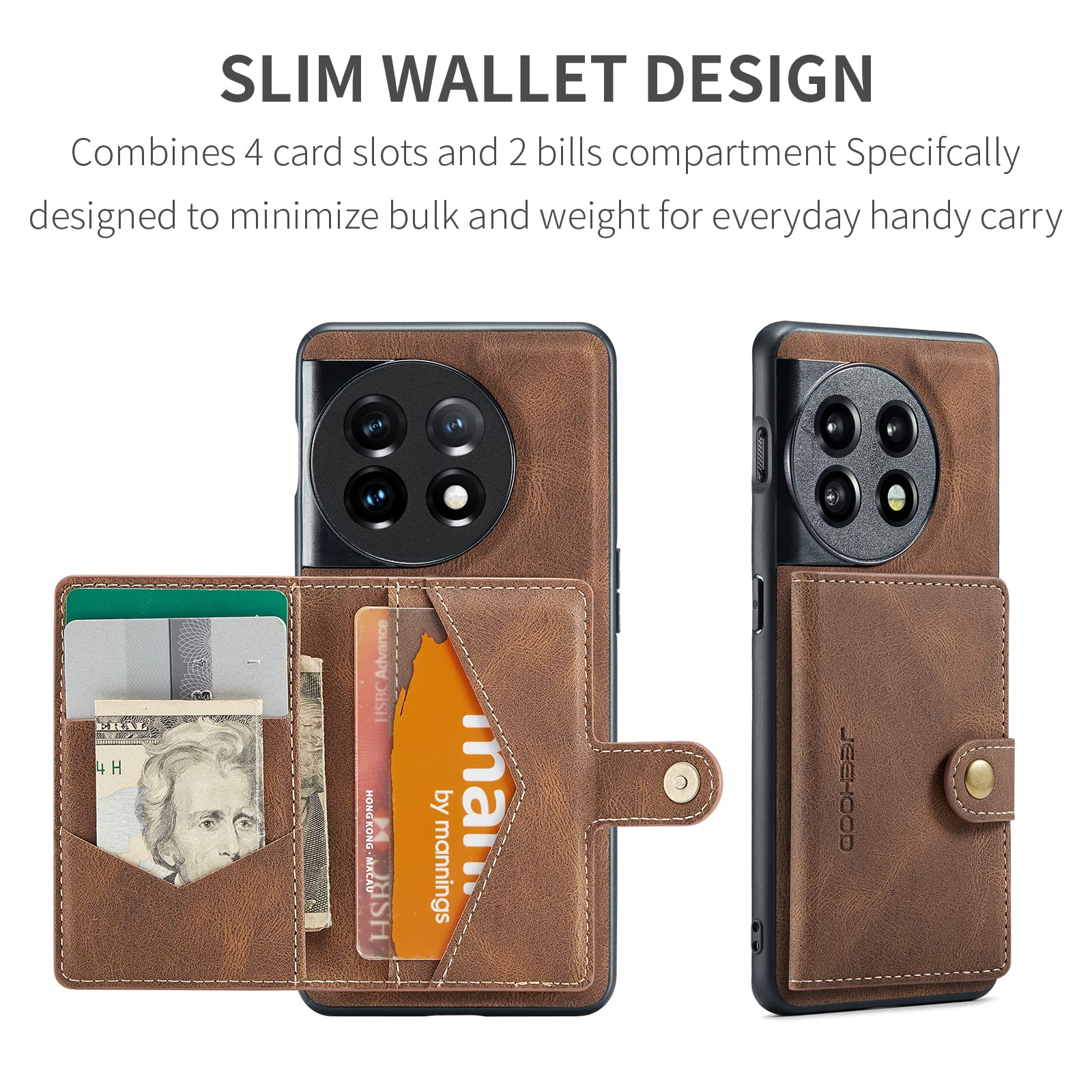 Hongxinyu Case for OnePlus 11 5G,Detachable Magnetic Basic Case Wallet Card Cash Slot Case Cover Functional Kickstand Compatible with OnePlus 11 5G 2023 (Brown)