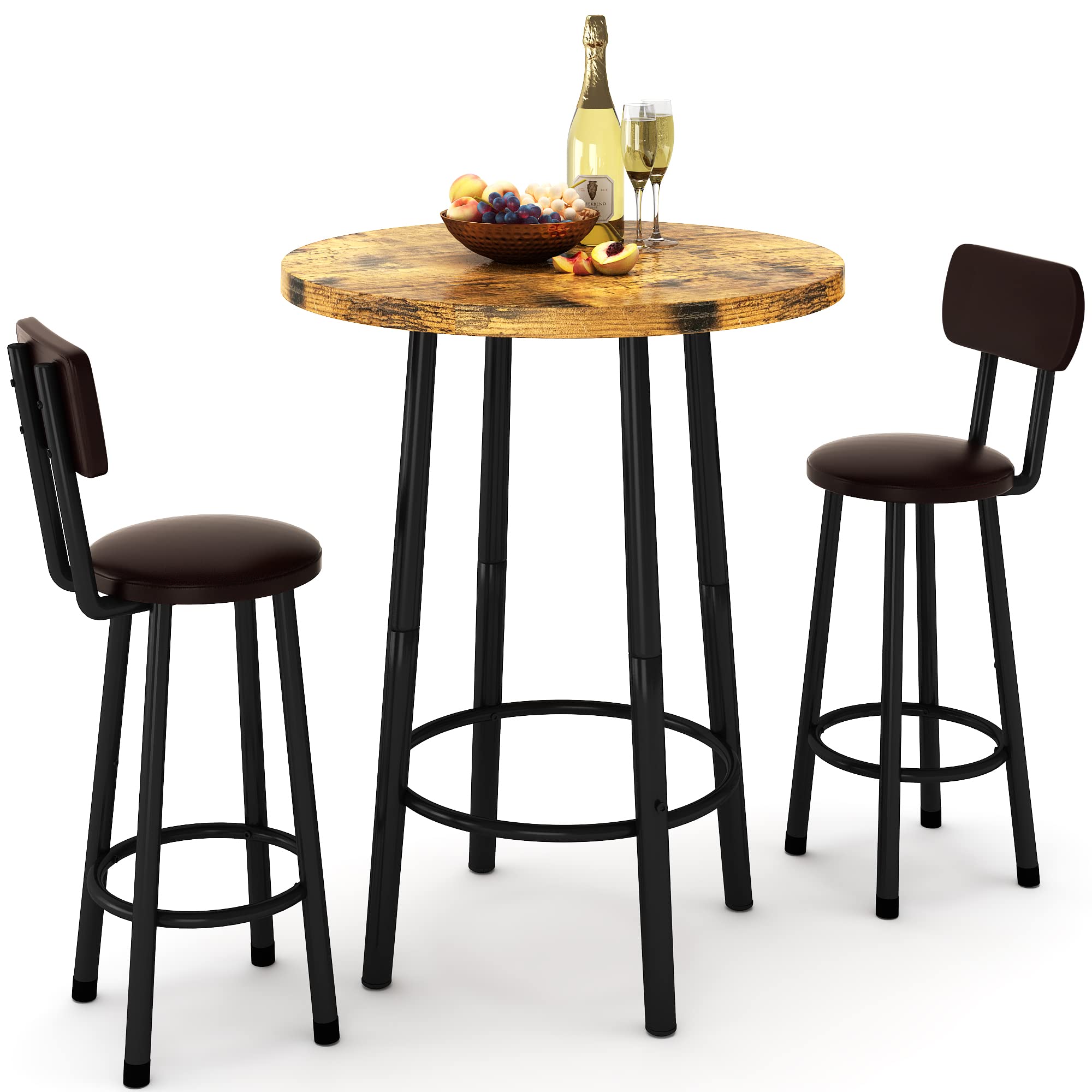 DKLGG 3-Piece Dining Wooden Table and Pu Cushion Chair Sets for Small Space Living Room/Kitchen, 23", Rustic Brown