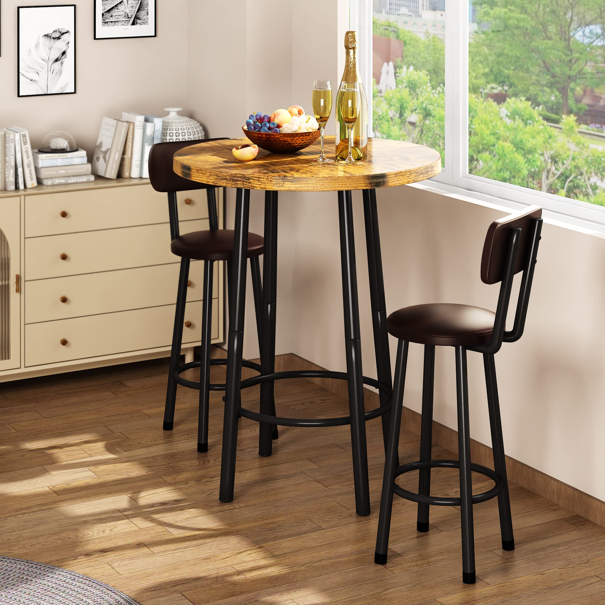DKLGG 3-Piece Dining Wooden Table and Pu Cushion Chair Sets for Small Space Living Room/Kitchen, 23", Rustic Brown