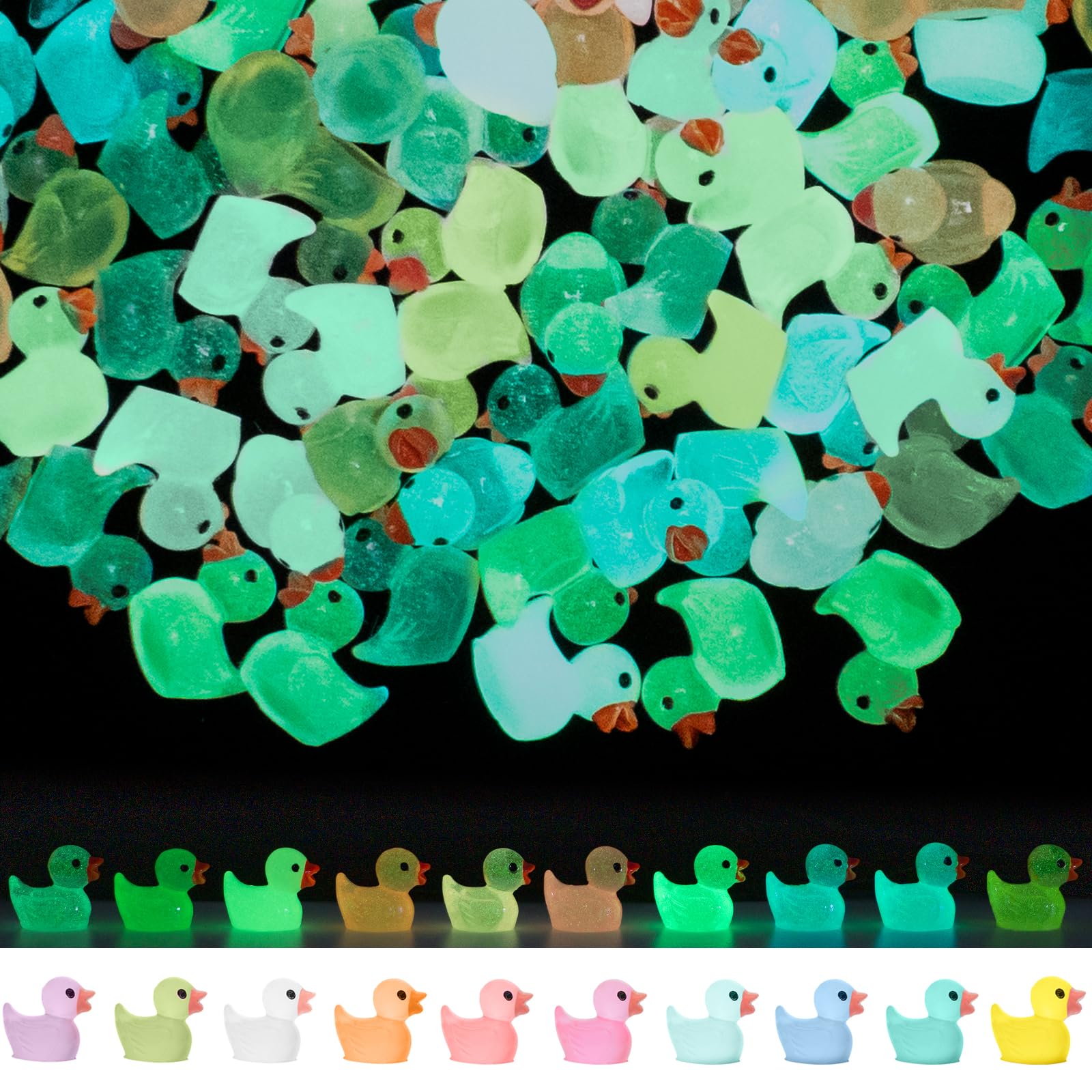 200 Pcs Luminous Mini Resin Ducks Tiny Glow in The Dark Ducks Miniature Duck Figures Micro Garden Landscape Aquarium Dollhouse Ornament Potted Plants Decoration for Party Toys Crafts Decor (10 colors)