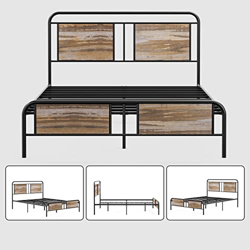 IKIFLY Metal Queen Size Platform Bed Frame with Industrial Wood Headboard/Footboard, Strong Metal Slats, Easy Assembly, Noise-Free, No Box Spring Needed - Wood Brown
