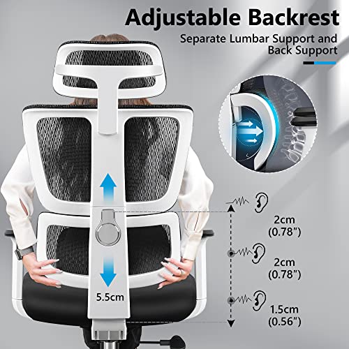 Primy Ergonomic Mesh Office Chair - High Back Computer Chair with Adjustable Lumbar Support and 360 Degree Swivel (White)