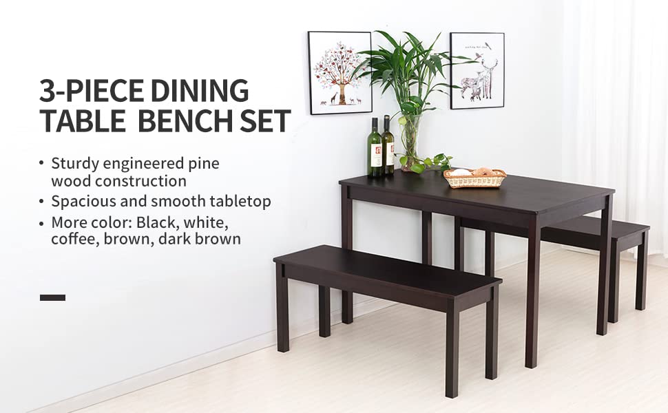 Alohappy 3 Piece PineWood Dining Set for 4，45" Dining Room Table Set with 2 Benches for Home Kitchen Dining Room Furniture,Bench Style & Space-saving (Espresso)