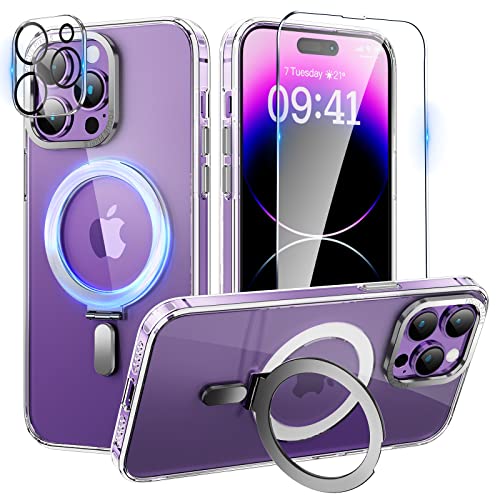 niufoey Magnetic Case for iPhone 14 Pro Max Clear Case with Invisible Stand,[Compatible with Mag Safe][Translucent Matte Case][Tempered Glass Screen Protector+Camera Lens Protector] 6.7 Inch, Clear