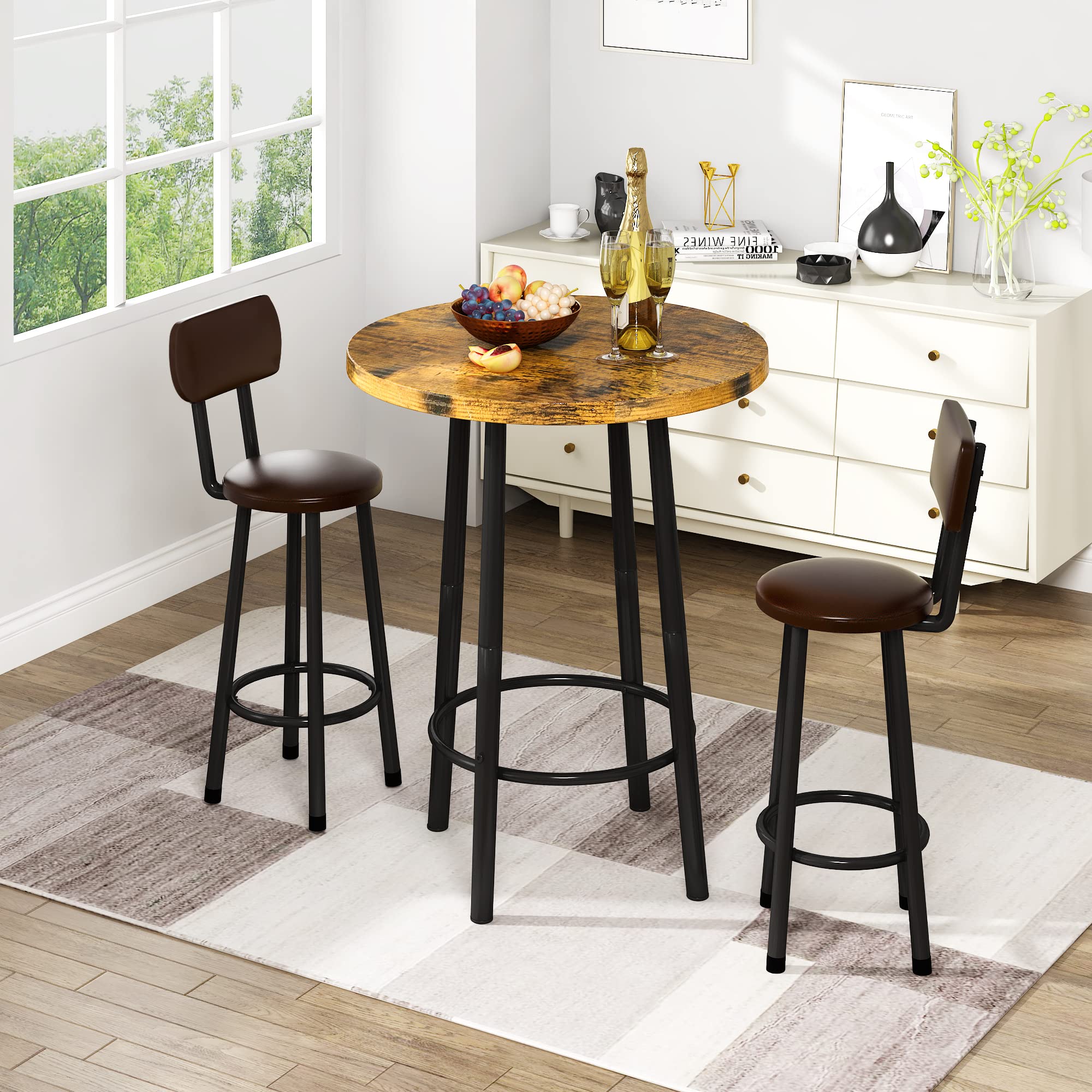 DKLGG 3-Piece Dining Wooden Table and Pu Cushion Chair Sets for Small Space Living Room/Kitchen, 23", Rustic Brown