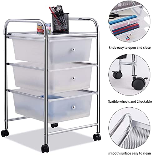 GOFLAME 3-Drawer Storage Cart, Rolling Storage Drawer Organizer with Mesh Top, Handle and 2 Lockable Wheels, Mobile Drawer Storage Unit for Home and Office
