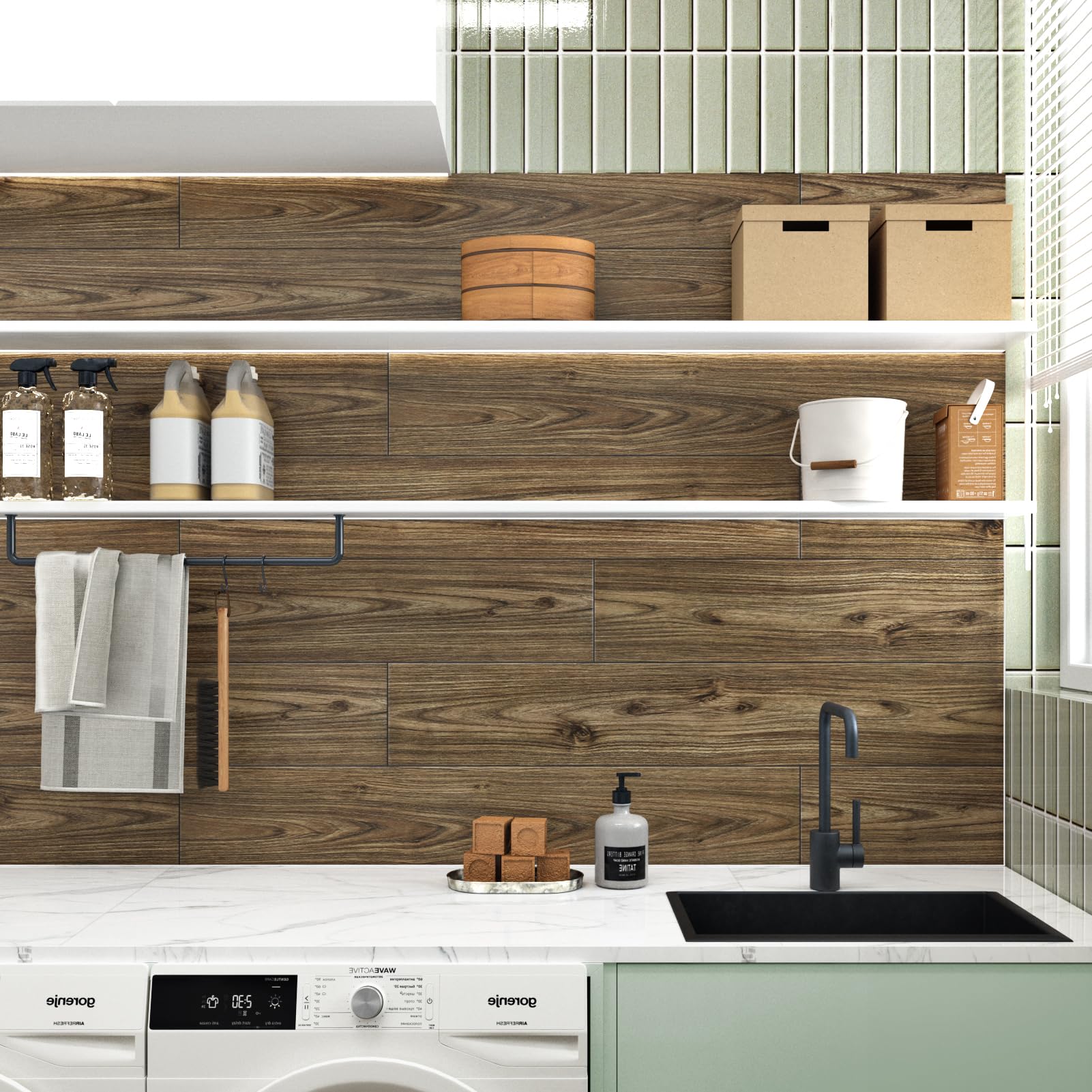 Skyblur Brown Peel and Stick Wooden Floor Tiles for Kitchen Backsplash - Waterproof, Self-Adhesive, 35x6 Inch, 4 Pcs