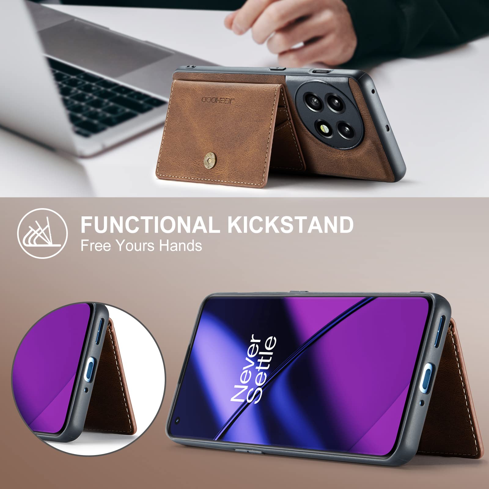 Hongxinyu Case for OnePlus 11 5G,Detachable Magnetic Basic Case Wallet Card Cash Slot Case Cover Functional Kickstand Compatible with OnePlus 11 5G 2023 (Brown)