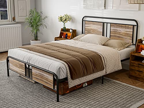 IKIFLY Metal Queen Size Platform Bed Frame with Industrial Wood Headboard/Footboard, Strong Metal Slats, Easy Assembly, Noise-Free, No Box Spring Needed - Wood Brown