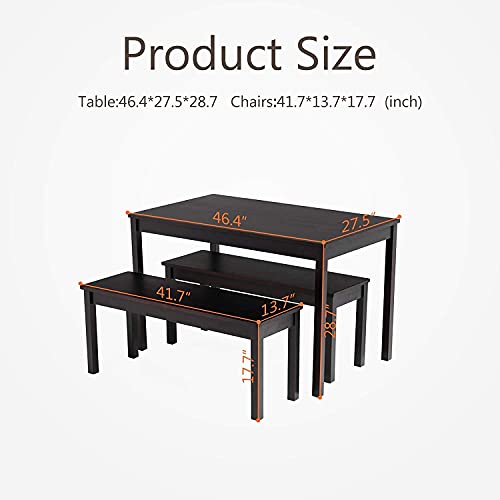 Alohappy 3 Piece PineWood Dining Set for 4，45" Dining Room Table Set with 2 Benches for Home Kitchen Dining Room Furniture,Bench Style & Space-saving (Espresso)