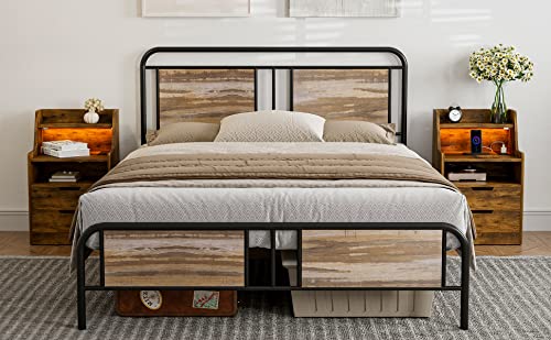 IKIFLY Metal Queen Size Platform Bed Frame with Industrial Wood Headboard/Footboard, Strong Metal Slats, Easy Assembly, Noise-Free, No Box Spring Needed - Wood Brown
