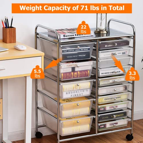 RIVALLYCOOL 15-Drawers Rolling Storage Cart, Mobile Book Paper Organizer Utility Trolley with Wheels, Ideal for School, Office, Home (Clear)