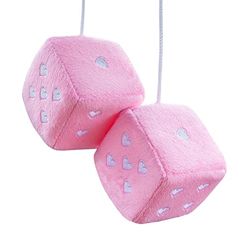 Cyncoy Pair Fuzzy Plush Dice for Car Rearview Mirror, 3" Retro Square Heart-Shape Decoration Dice for Hanging Car Accessories, Car Decorations for Women (Pink) (FD001)