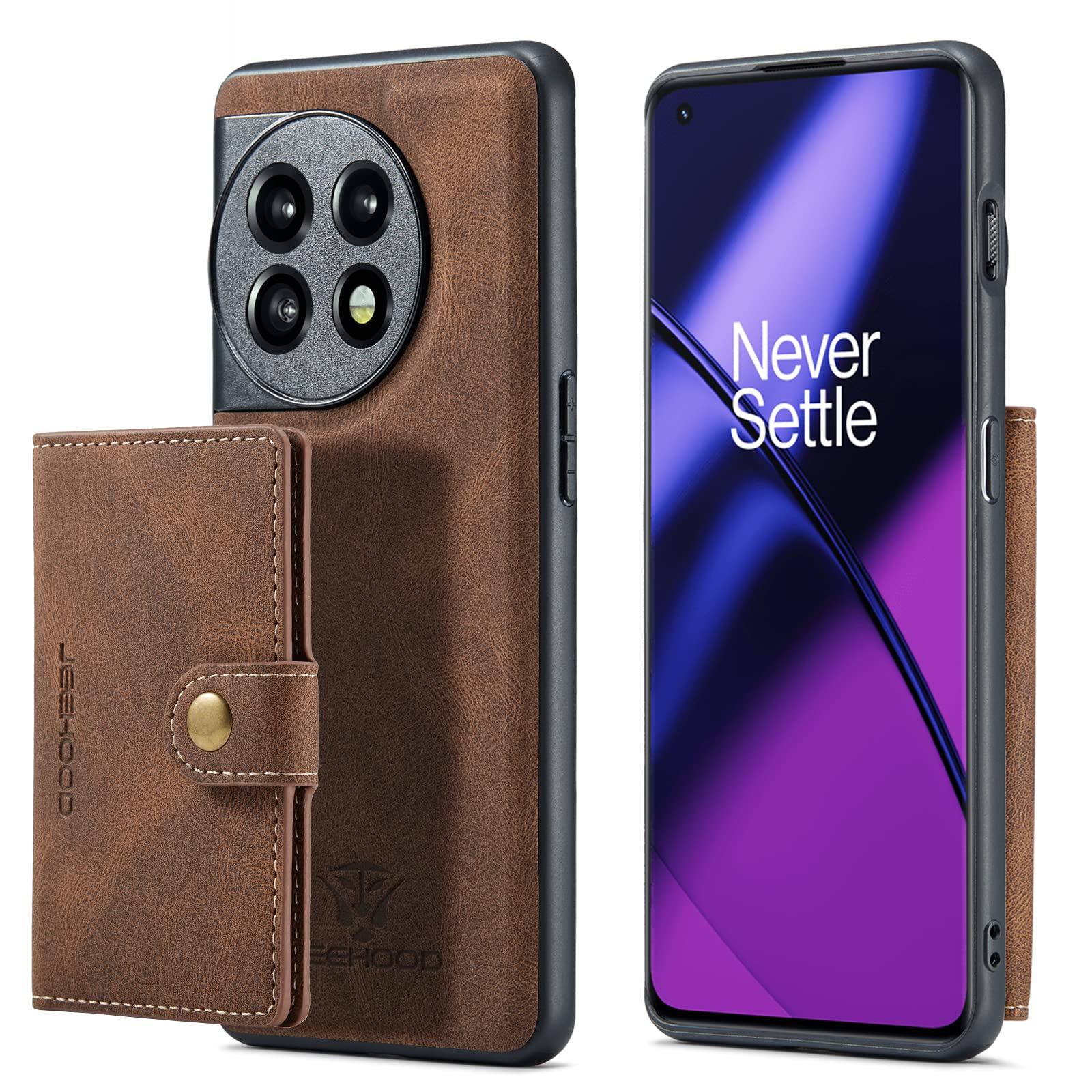 Hongxinyu Case for OnePlus 11 5G,Detachable Magnetic Basic Case Wallet Card Cash Slot Case Cover Functional Kickstand Compatible with OnePlus 11 5G 2023 (Brown)