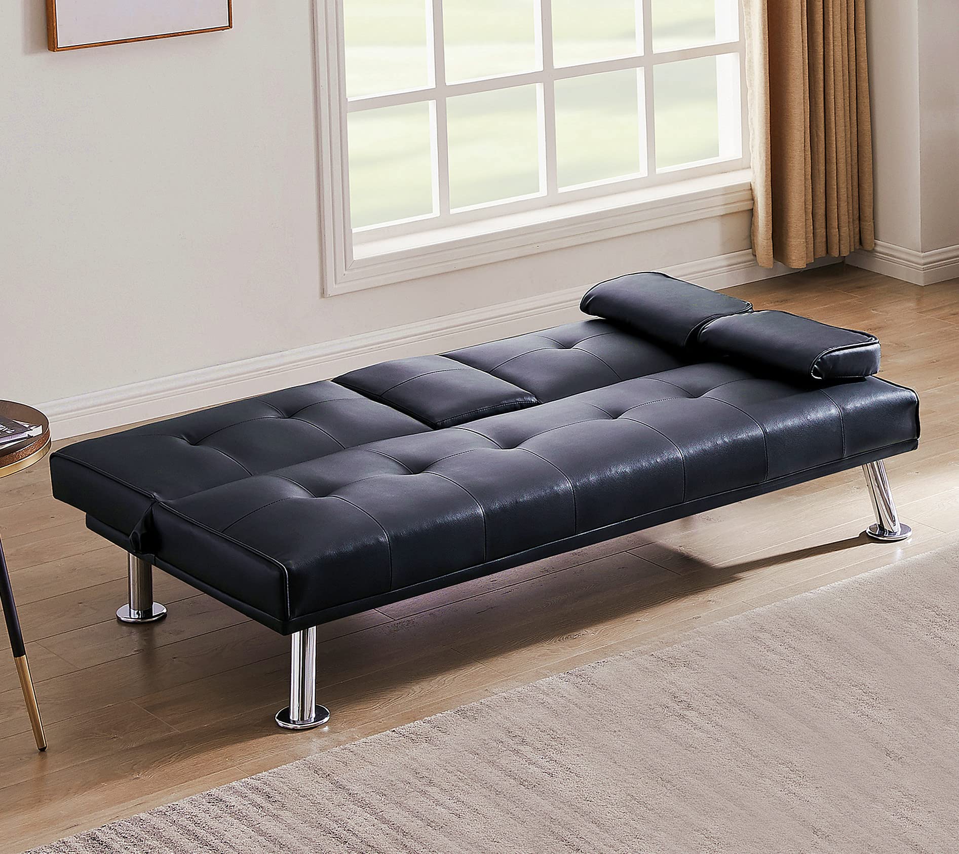 hansones Futon Sofa Bed Modern Linen Fabric Couch Bed Loveseat Convertible Daybed with 2 Cup Holders and Removable Armrests for for Compact Living Space Apartment Dorm Office (Black)