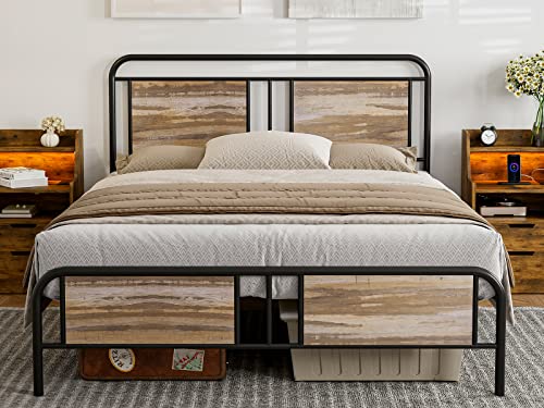 IKIFLY Metal Queen Size Platform Bed Frame with Industrial Wood Headboard/Footboard, Strong Metal Slats, Easy Assembly, Noise-Free, No Box Spring Needed - Wood Brown