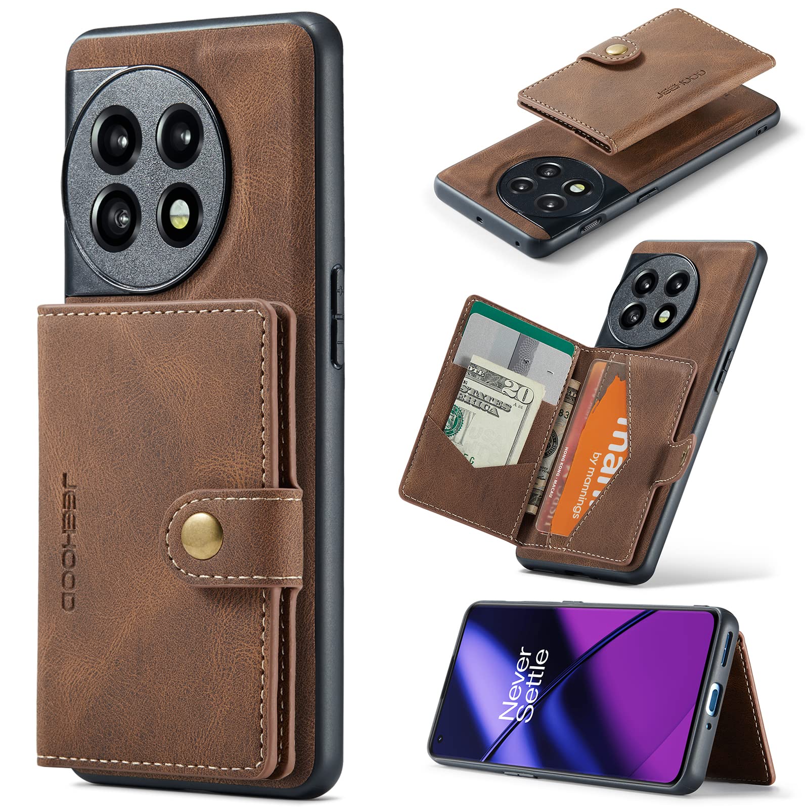 Hongxinyu Case for OnePlus 11 5G,Detachable Magnetic Basic Case Wallet Card Cash Slot Case Cover Functional Kickstand Compatible with OnePlus 11 5G 2023 (Brown)