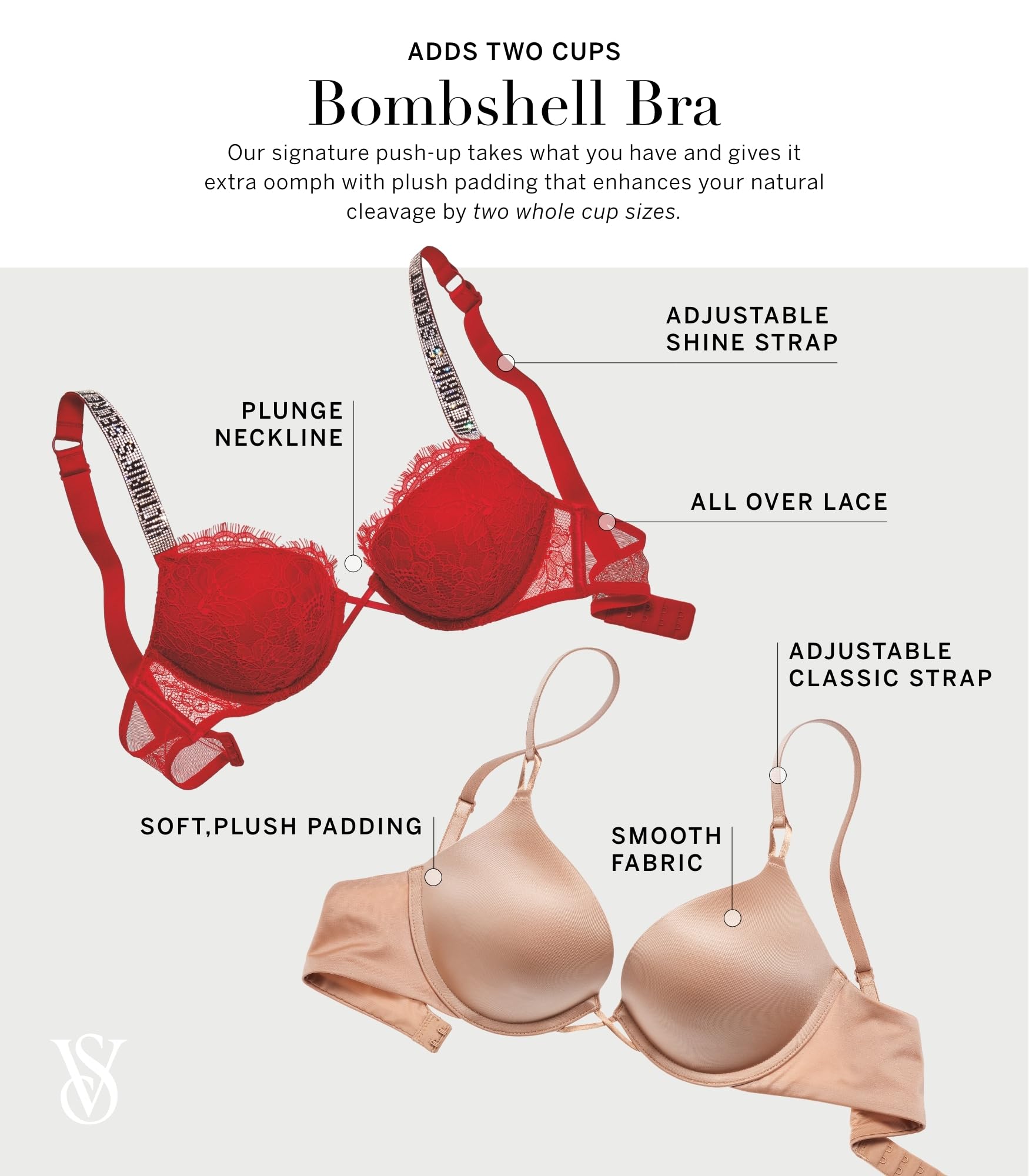 Victoria's Secret Bombshell Sexy Strap Push Up Bra, Add 2 Cups, Plunge Neckline, Bras for Women, Very Sexy Collection, Black (36B)