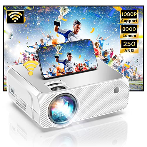 Outdoor Mini Projector w/WiFi , 8000L Bluetooth Portable Projector, 1080P HD Supported & 200'' Display Video Movie Projectors, Compatible w/iPhone, TV Stick, PC, HDMI USB