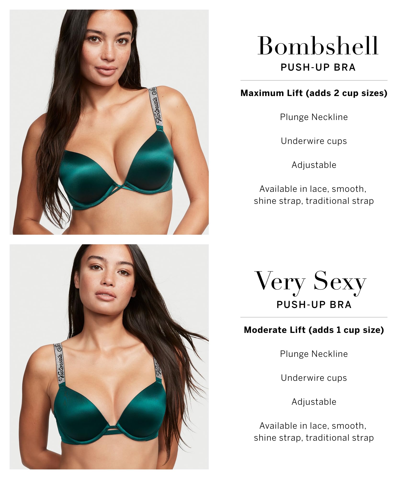 Victoria's Secret Bombshell Sexy Strap Push Up Bra, Add 2 Cups, Plunge Neckline, Bras for Women, Very Sexy Collection, Black (36B)