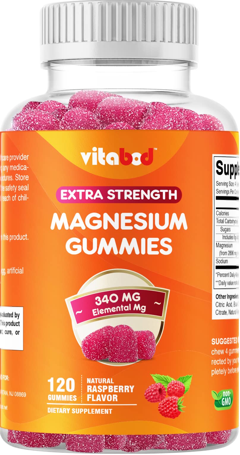 Vitabod Extra Strength Magnesium Gummies, Supports Nerve Health, Bone Health, Muscle Health - 120 Gummies - (340 mg of Elemental Magnesium from 2896 mg of Magnesium Citrate / 4 Gummies)