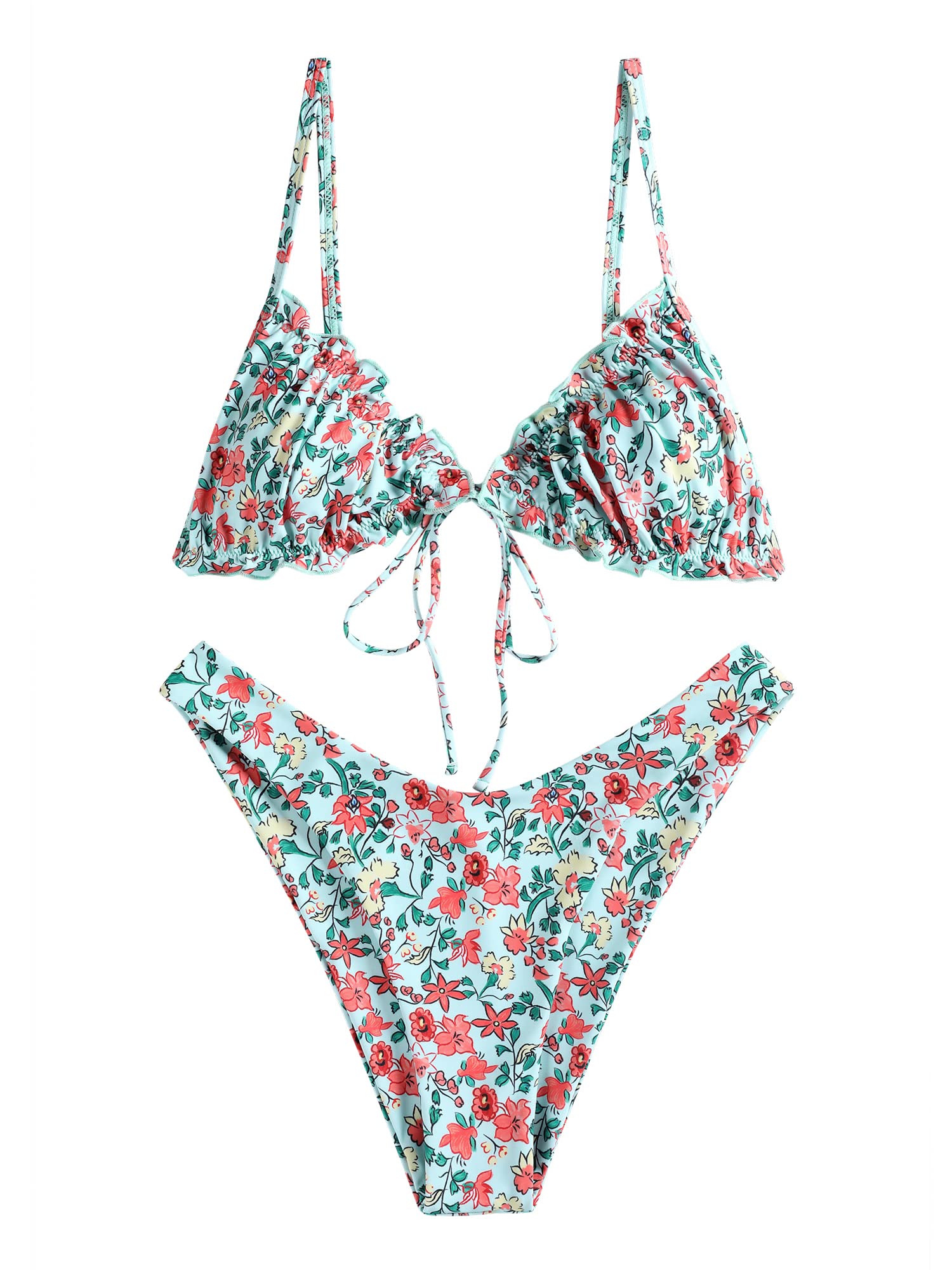 ZAFUL Women's Ruffled Textured Bow Tie Bikini Ditsy Floral Printed Swimsuit Two Piece Bathing Suit Green L