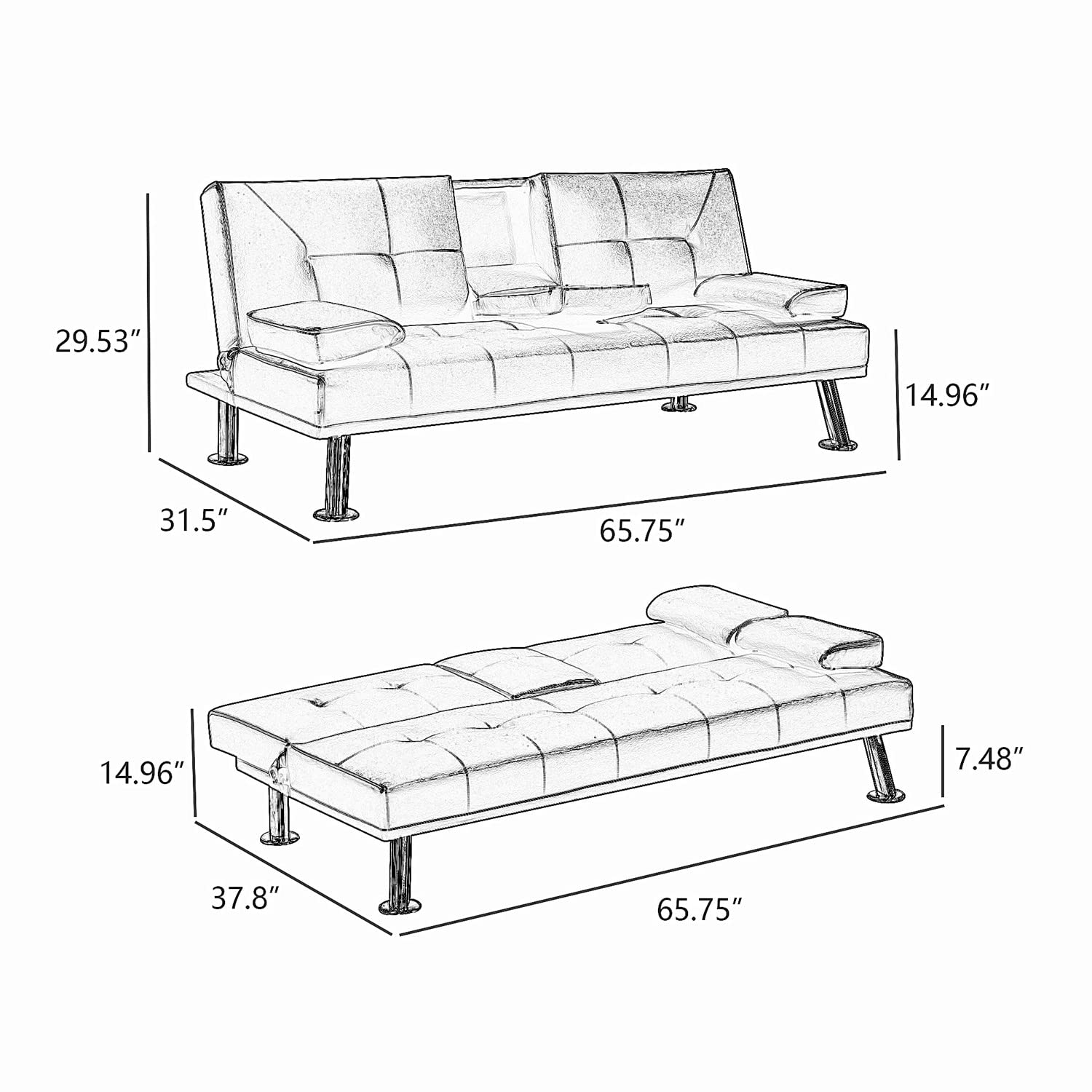 hansones Futon Sofa Bed Modern Linen Fabric Couch Bed Loveseat Convertible Daybed with 2 Cup Holders and Removable Armrests for for Compact Living Space Apartment Dorm Office (Black)