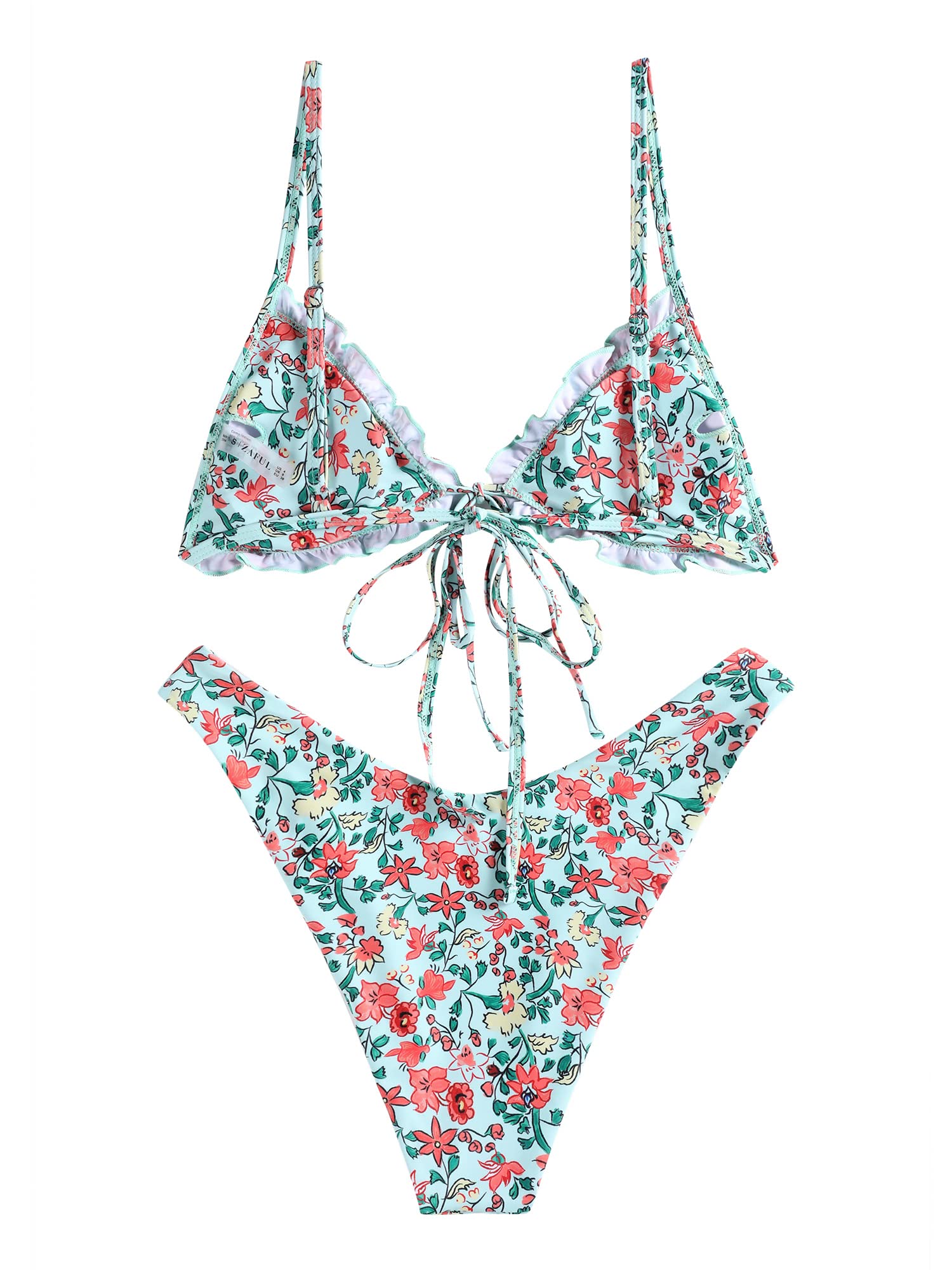 ZAFUL Women's Ruffled Textured Bow Tie Bikini Ditsy Floral Printed Swimsuit Two Piece Bathing Suit Green L